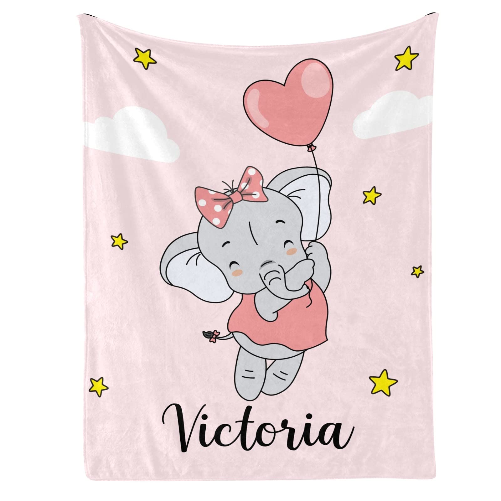 Elephant Flying Balloon Personalized Monogramed Baby Shower Blanket for Baby Girl Boy, Custom Name Soft Warm Newborn Throw Blanket 30X40 in