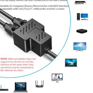 MVBOONE Ethernet Splitter 1 to 2 RJ45 Network Male to Female Adapter, Suitable Super Cat5-8, Cmpatible with ADSL/Hubs/TVs/Set-top Boxes/Routers/omputers (Only Support one Works at one time)