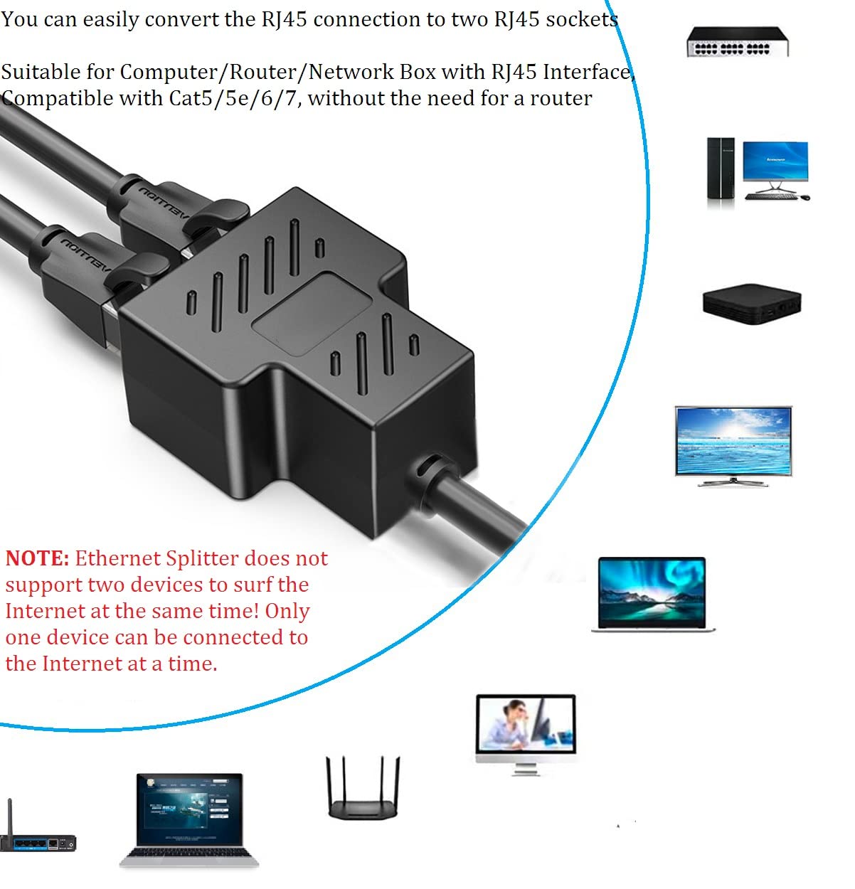 MVBOONE Ethernet Splitter 1 to 2 RJ45 Network Male to Female Adapter, Suitable Super Cat5-8, Cmpatible with ADSL/Hubs/TVs/Set-top Boxes/Routers/omputers (Only Support one Works at one time)