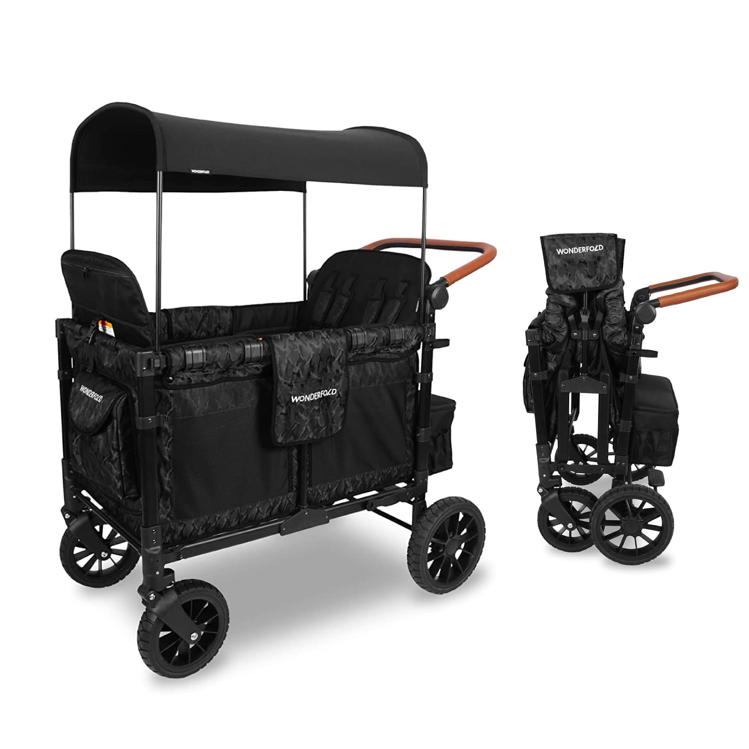 WONDERFOLD W4 Luxe Stroller Wagon (4 Seater) - Collapsible Wagon Stroller with Seats with Magnetic Buckle 5-Point Harnesses & Sun Canopy, Elite Black Camo