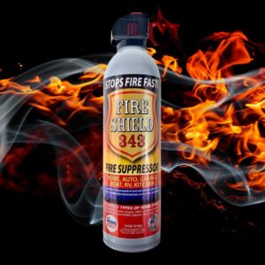 Fire Shield 343 - Home & MOBILE Use Aerosol Fire Suppressant Spray Foam Eliminates Gasoline, Kitchen Grease, Oil, Wood Fires. For Garage, House, Camping, RV & More