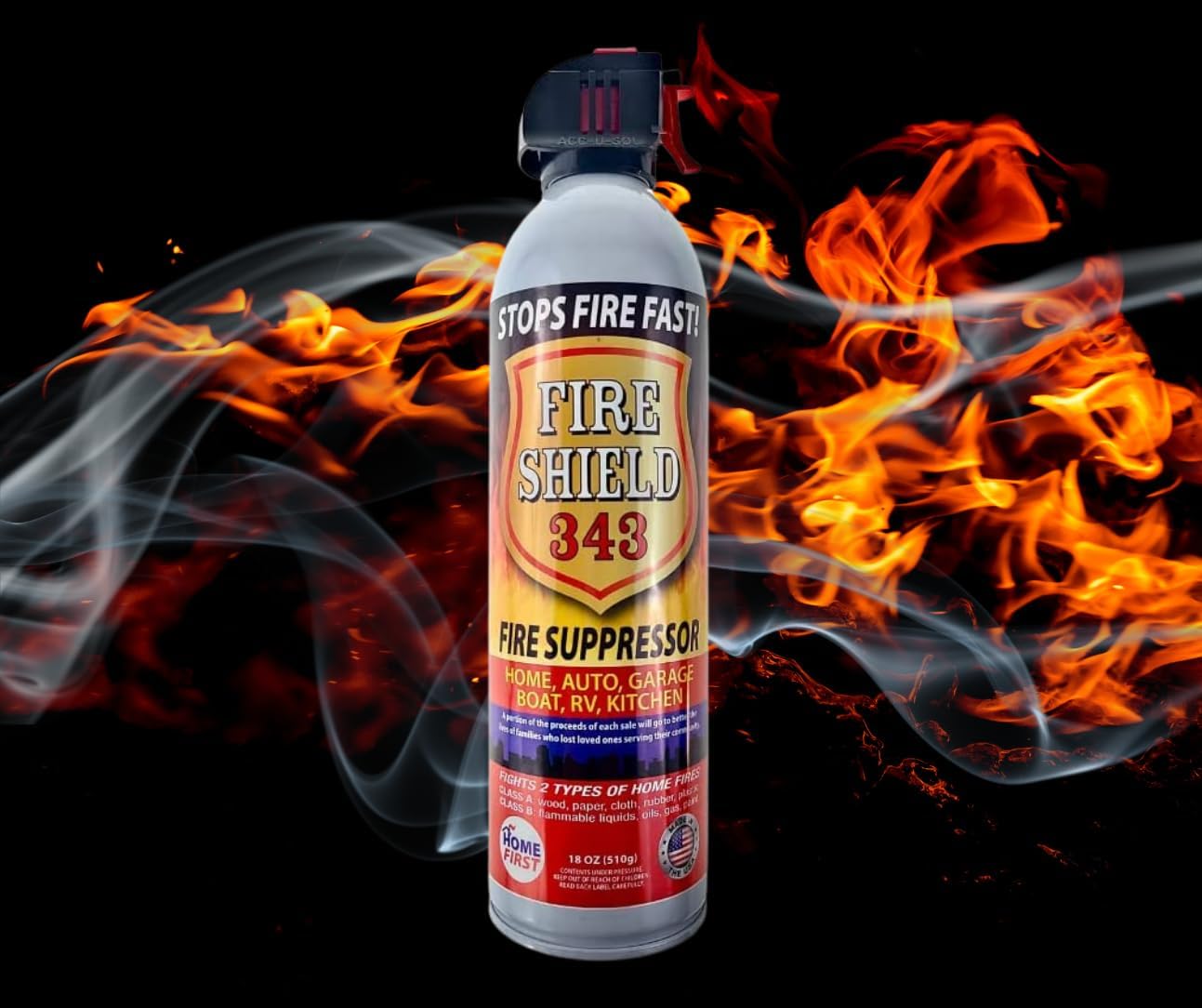 Fire Shield 343 - Home & MOBILE Use Aerosol Fire Suppressant Spray Foam Eliminates Gasoline, Kitchen Grease, Oil, Wood Fires. For Garage, House, Camping, RV & More