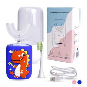 jakabro u-shaped dinosaur kids toothbrush with case | ipx7 waterproof toddler electric ultrasonic autobrush mouthpiece | six advanced cleaning modes, rechargeable long-lasting battery.(ages 2-12)