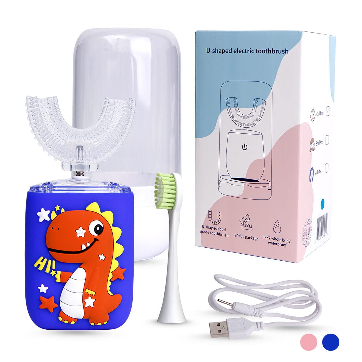 JAKABRO U-Shaped Dinosaur Kids Toothbrush with Case | IPX7 Waterproof Toddler Electric Ultrasonic Autobrush Mouthpiece | Six Advanced Cleaning Modes, Rechargeable Long-Lasting Battery.(Ages 2-12)