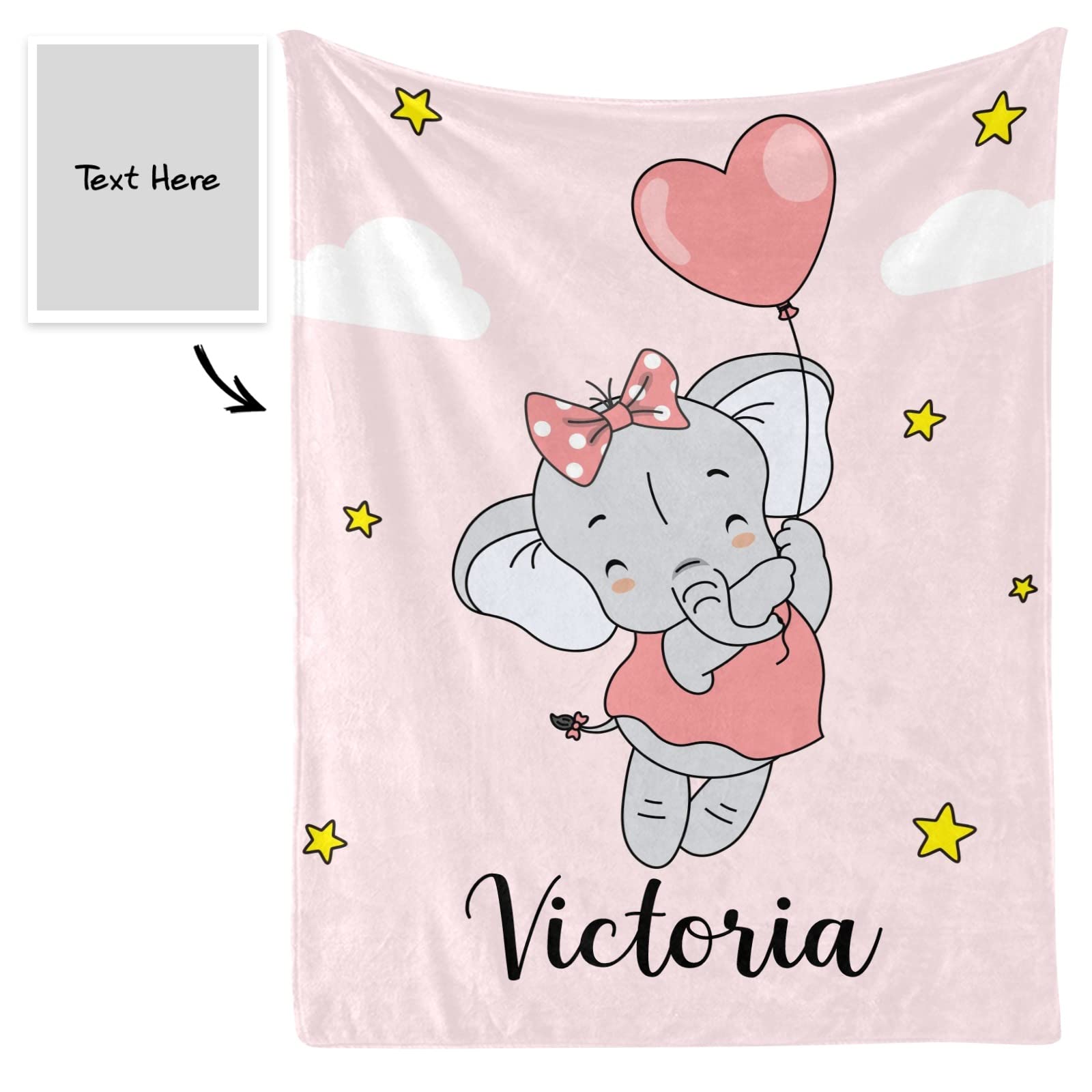 Elephant Flying Balloon Personalized Monogramed Baby Shower Blanket for Baby Girl Boy, Custom Name Soft Warm Newborn Throw Blanket 30X40 in