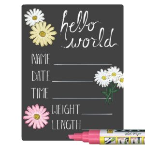 cohas hello world newborn baby announcement chalkboard sign with daisy flower theme, 5 by 7 inches, pink marker