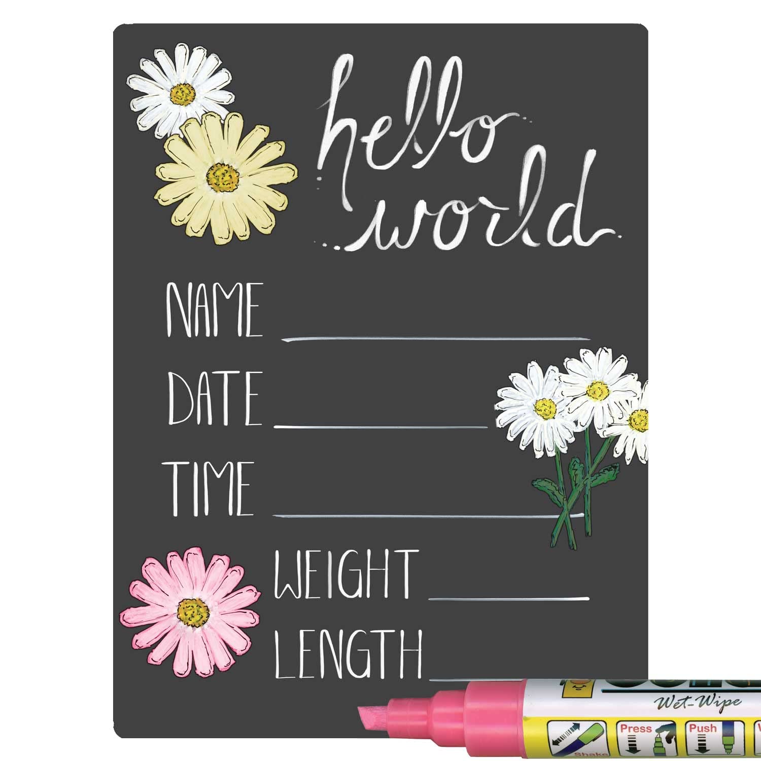 Cohas Hello World Newborn Baby Announcement Chalkboard Sign with Daisy Flower Theme, 5 by 7 Inches, Pink Marker