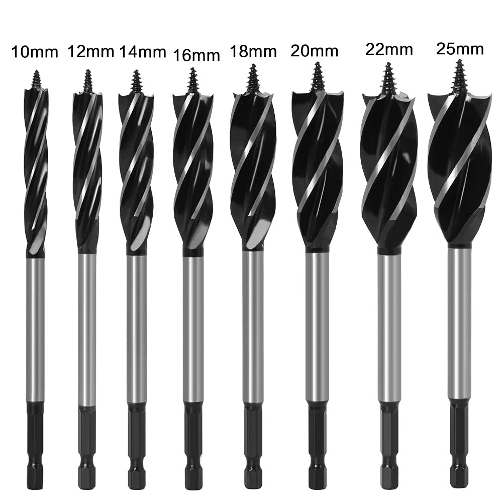 WSOOX Brad Point Wood Drill Bit Set 8PCS Four Spiral Flutes Drill Bit by 1/4" Hex Shank for Quick Chip Removing and Fast Drilling(Drilling Diameter:10mm,12mm,14mm,16mm,18mm,20mm,22mm,25mm)