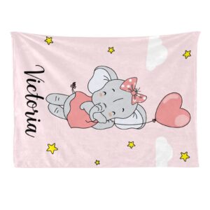 Elephant Flying Balloon Personalized Monogramed Baby Shower Blanket for Baby Girl Boy, Custom Name Soft Warm Newborn Throw Blanket 30X40 in