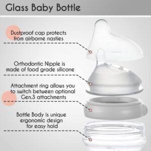 haakaa Glass Baby Bottle 2pk - 6oz/180ml for Baby Feeding, Anti-Colic Variable Flow Nipple, Wide Neck (Grey, 6m+)