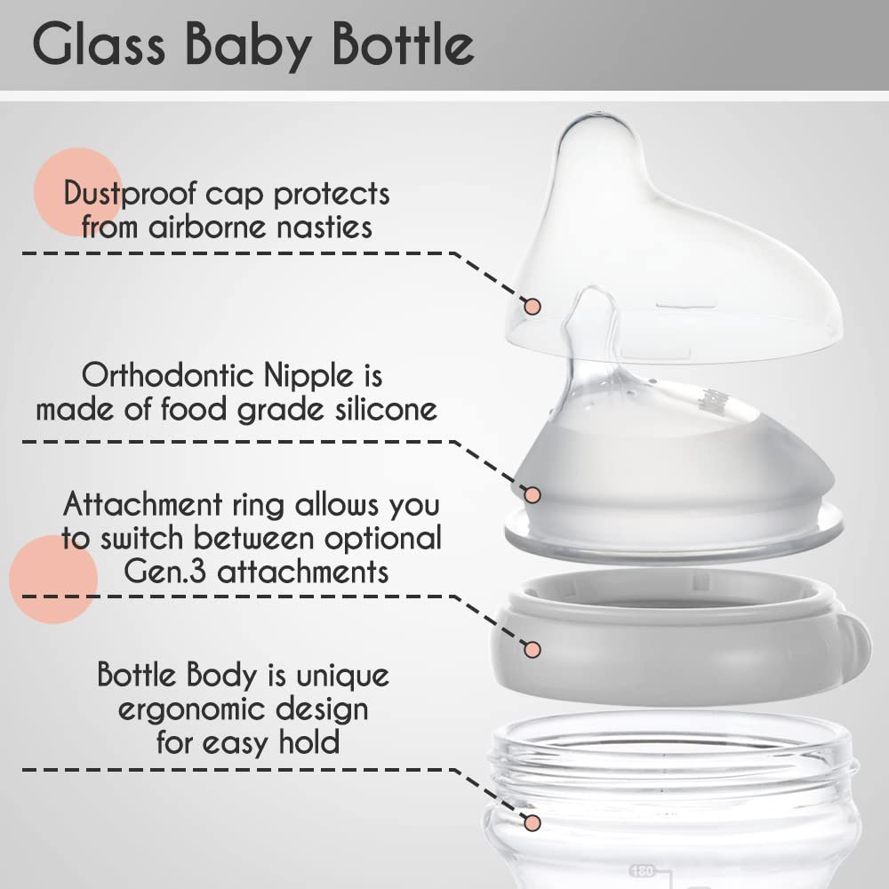 haakaa Glass Baby Bottle 2pk - 6oz/180ml for Baby Feeding, Anti-Colic Variable Flow Nipple, Wide Neck (Grey, 6m+)