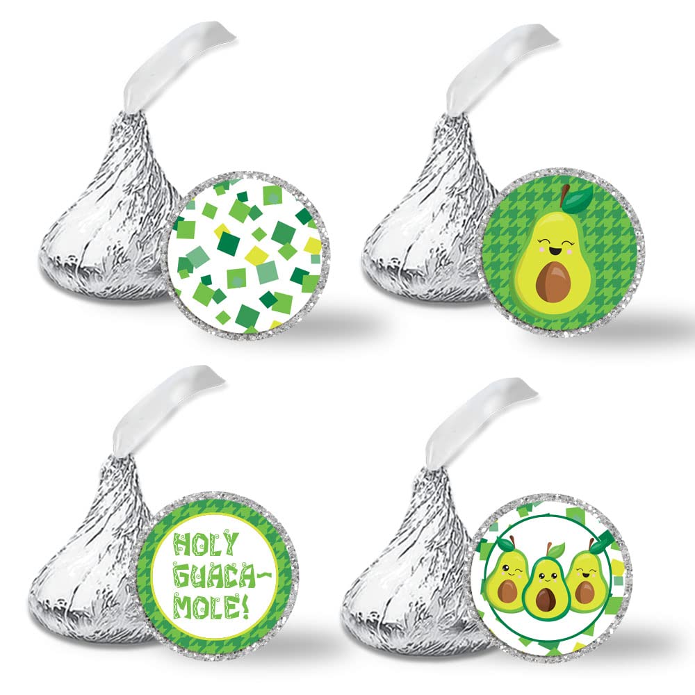 Holy Guacamole Trio of Avocados Birthday Kiss Sticker Labels for Kids, 300 Party Circle Sticker Sized 0.75” for Chocolate Drop Kisses by AmandaCreation, Great for Favors, Treats, Envelopes & Bags