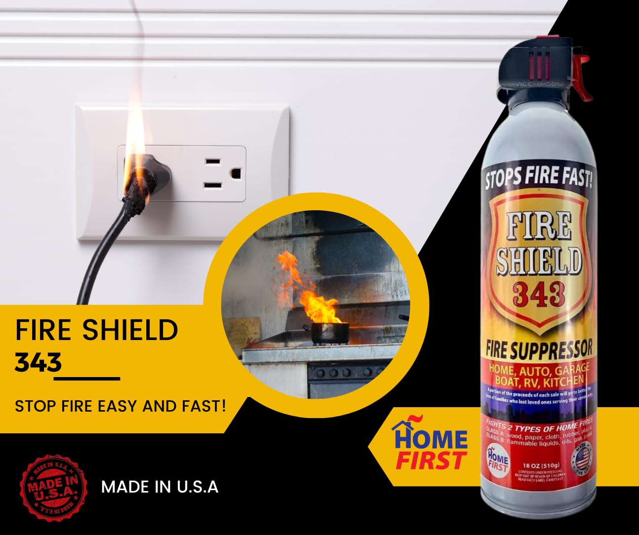 Fire Shield 343 - Home & MOBILE Use Aerosol Fire Suppressant Spray Foam Eliminates Gasoline, Kitchen Grease, Oil, Wood Fires. For Garage, House, Camping, RV & More