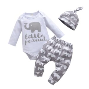 siracend newborn infant baby boy clothes elephant print long sleeve bodysuit + pants + hat 3 pcs outfits set (0-3 months) white