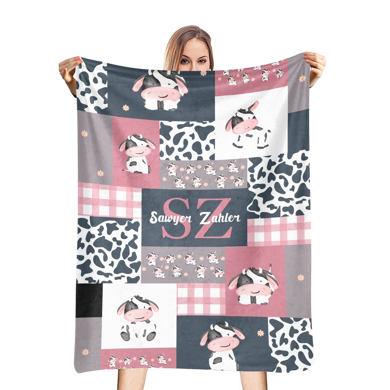 NZOOHY Cute Cows Print Patchwork Personalized Baby Blanket for Girl Boy Soft Warm Newborn Throw Naps Swaddle Custom Blanket 30X40 in 30 * 40 IN