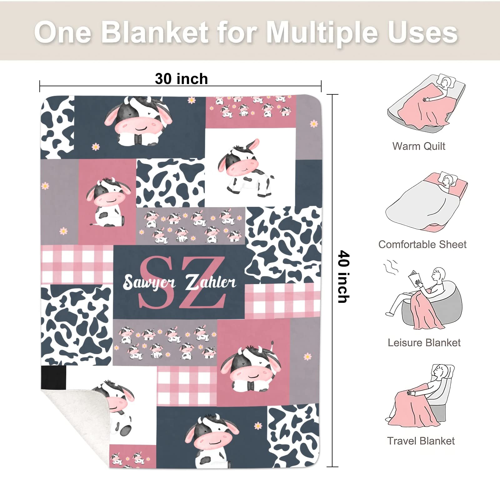 NZOOHY Cute Cows Print Patchwork Personalized Baby Blanket for Girl Boy Soft Warm Newborn Throw Naps Swaddle Custom Blanket 30X40 in 30 * 40 IN