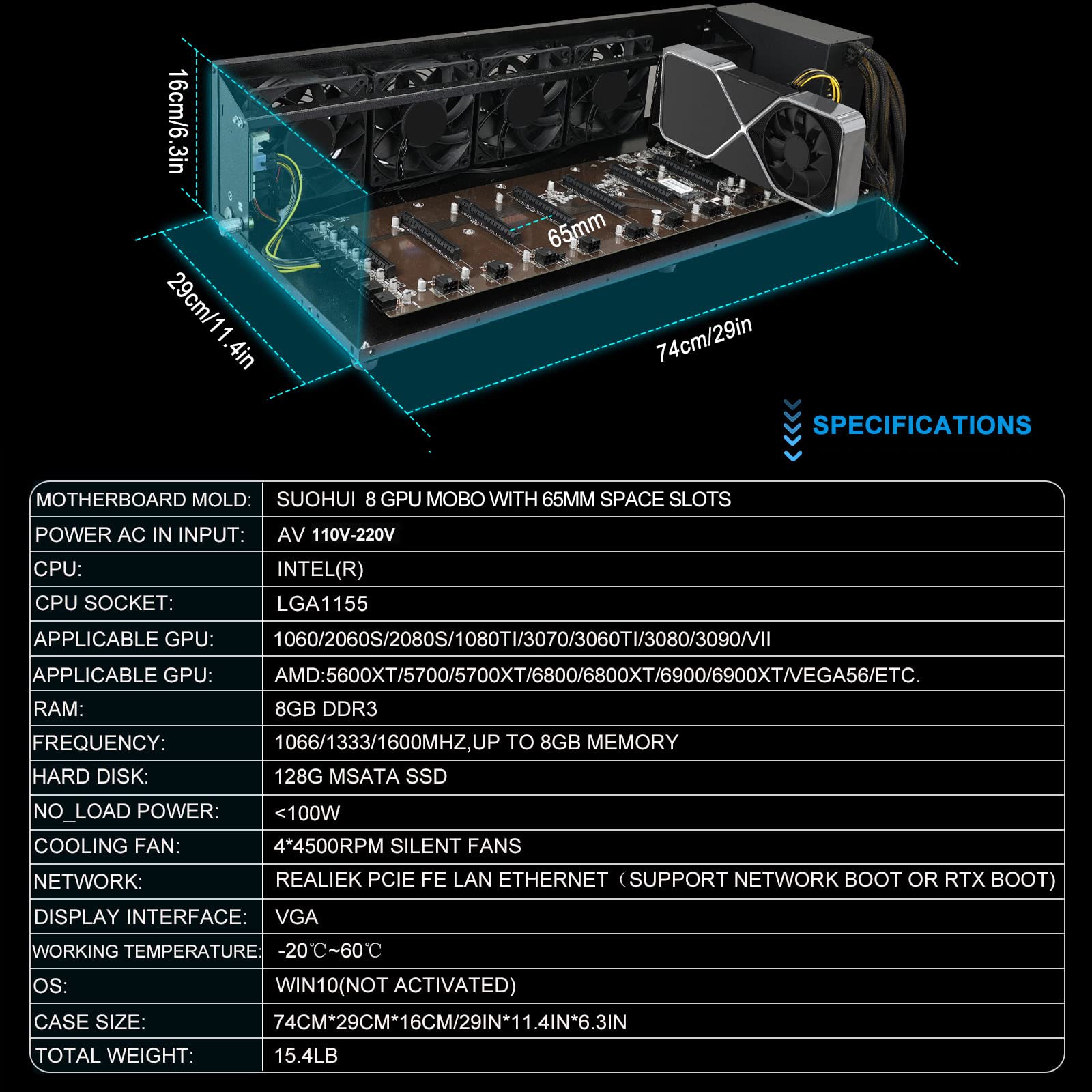 SUOHUI GPU Mining Rig Complete System for Ethereum Classic ETC, ETH, RVN, Flux, Ergo Crypto Miner with 8 GPU Mining Motherboard,PSU, RAM,SSD, Stackable Mining Frame Machine(without GPUs)