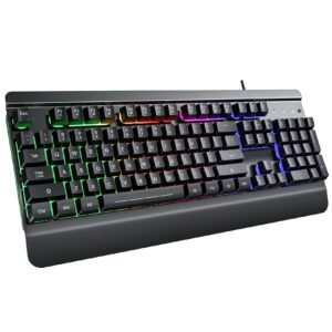 pauroty gaming keyboard metal, rainbow led backlit silent keyboard with wrist rest, 104 quiet membrane keys, multimedia keys,19 anti-ghosting keys, waterproof, usb wired keyboard for windows pc gamer