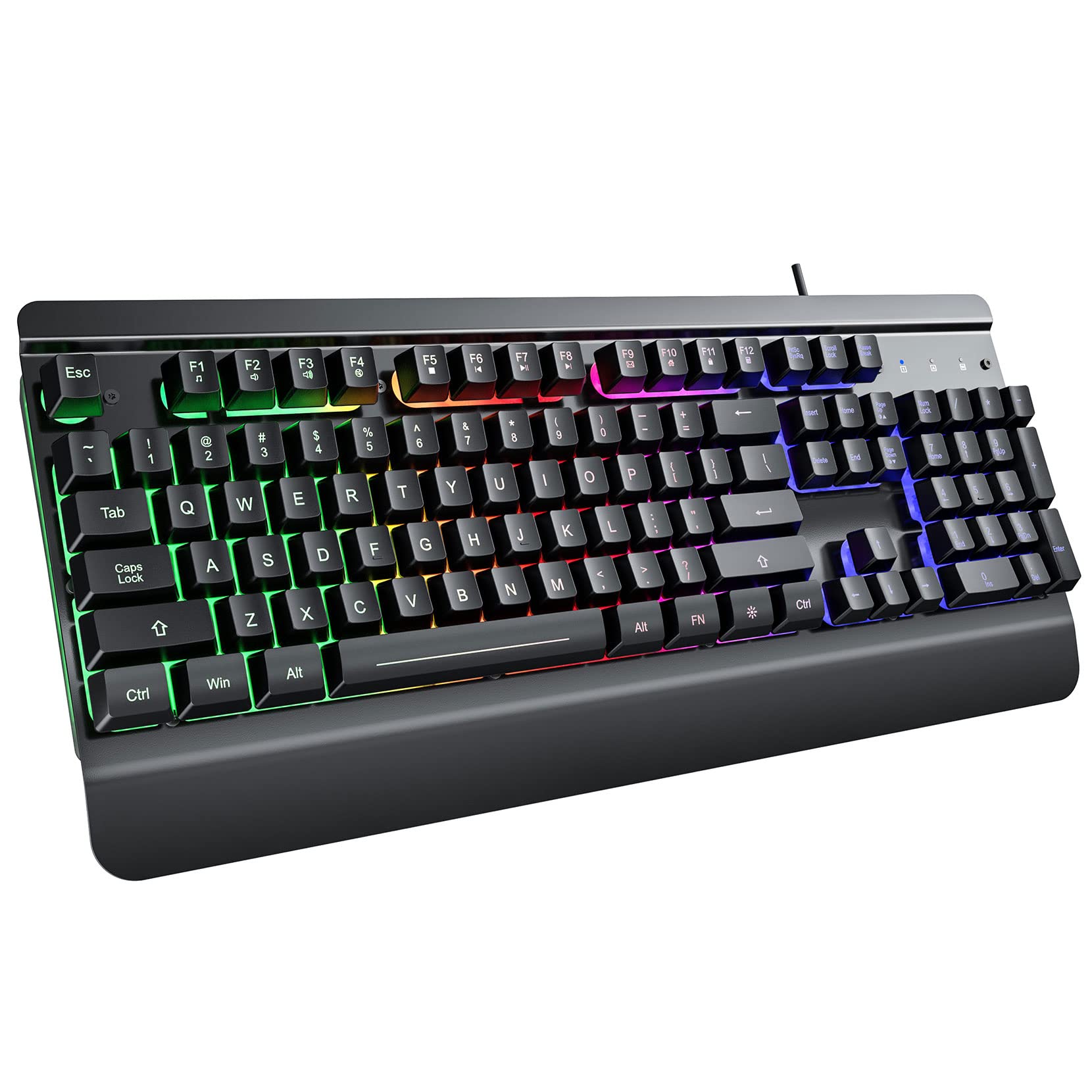 Pauroty Gaming Keyboard Metal, Rainbow LED Backlit Silent Keyboard with Wrist Rest, 104 Quiet Membrane Keys, Multimedia Keys,19 Anti-ghosting Keys, Waterproof, USB Wired Keyboard for Windows PC Gamer