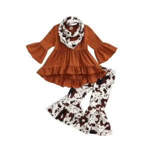 wdehow toddler baby girls 3pcs outfits long pullover ruffle dress shirt+leopard flared pants+scarf fall winter clothes (khaki, 4-5t)