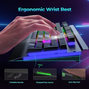 Pauroty Gaming Keyboard Metal, Rainbow LED Backlit Silent Keyboard with Wrist Rest, 104 Quiet Membrane Keys, Multimedia Keys,19 Anti-ghosting Keys, Waterproof, USB Wired Keyboard for Windows PC Gamer