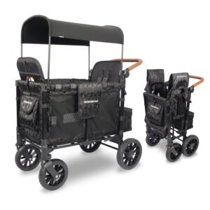 wonderfold w2 luxe stroller wagon (2 seater) - collapsible wagon stroller with seats with magnetic buckle 5-point harnesses and adjustable sun canopy, elite black camo