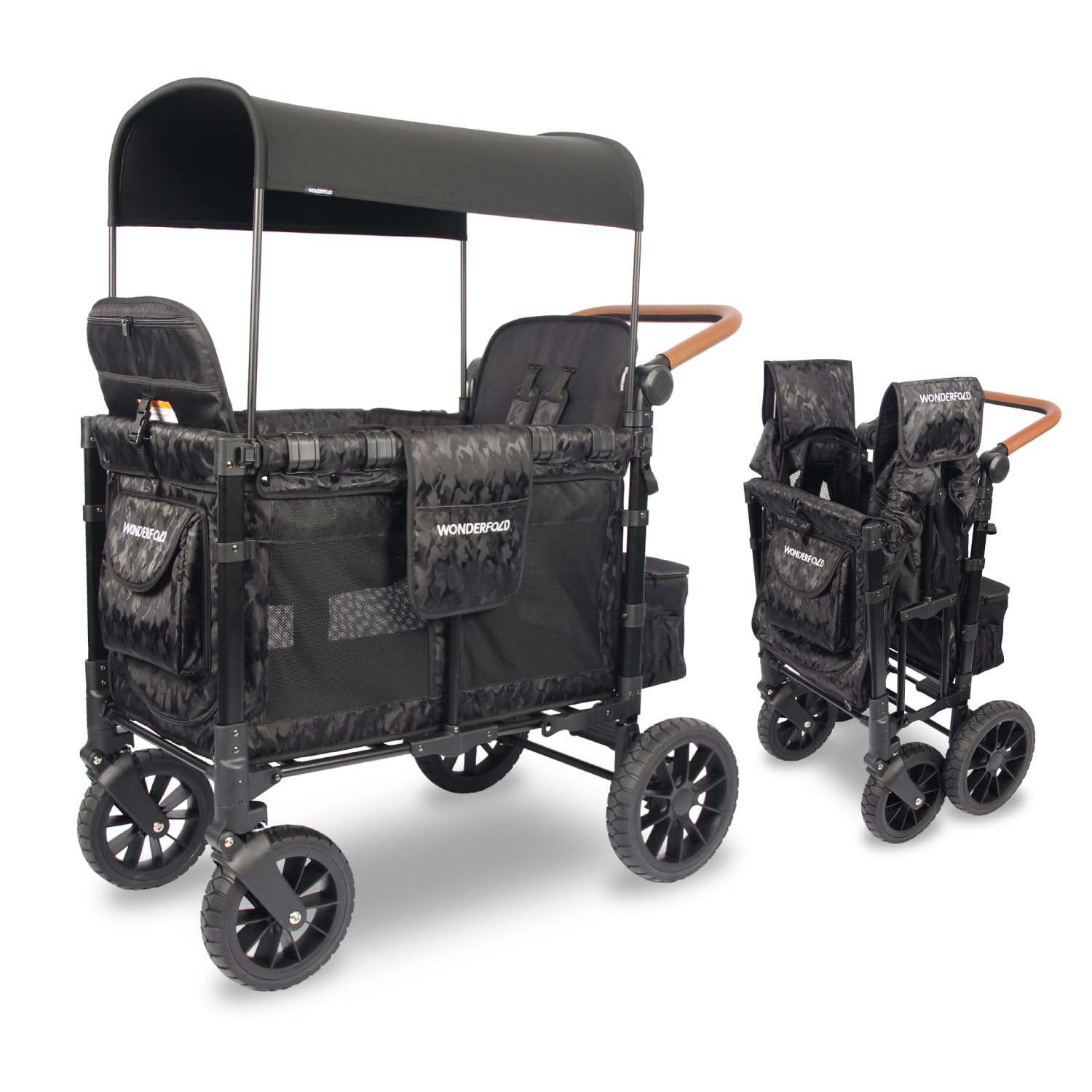 WONDERFOLD W2 Luxe Stroller Wagon (2 Seater) - Collapsible Wagon Stroller with Seats with Magnetic Buckle 5-Point Harnesses and Adjustable Sun Canopy, Elite Black Camo