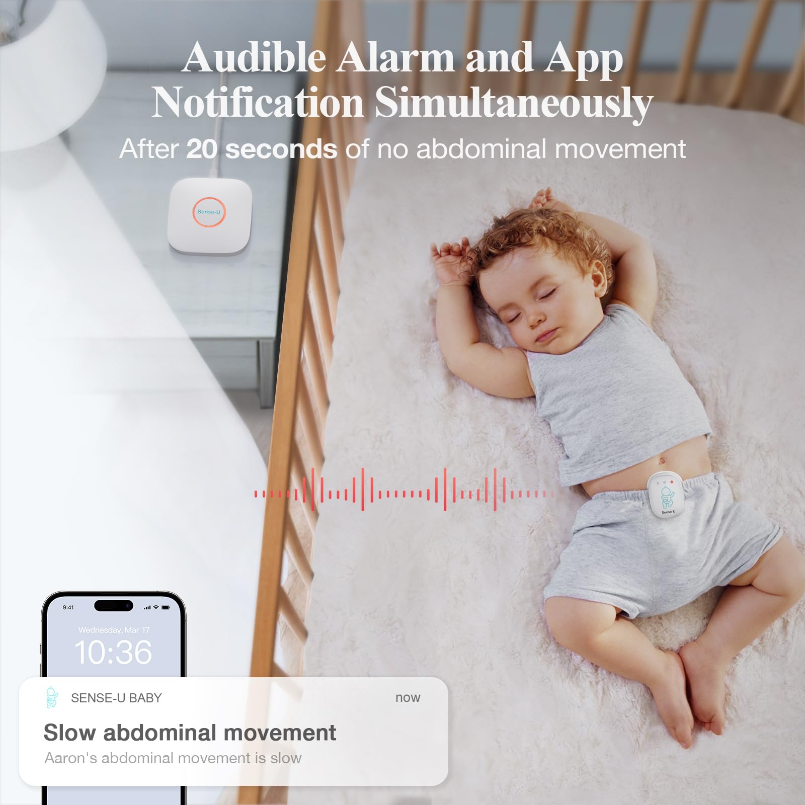 Sense-U Smart Baby Monitor Pro(Long Range) with Arousal Vibration, Audible & App Alerts Anywhere: Tracks Abdominal Movement, Rollover, Sleeping Position, Feeling Temperature, Wearable Sleep Monitor