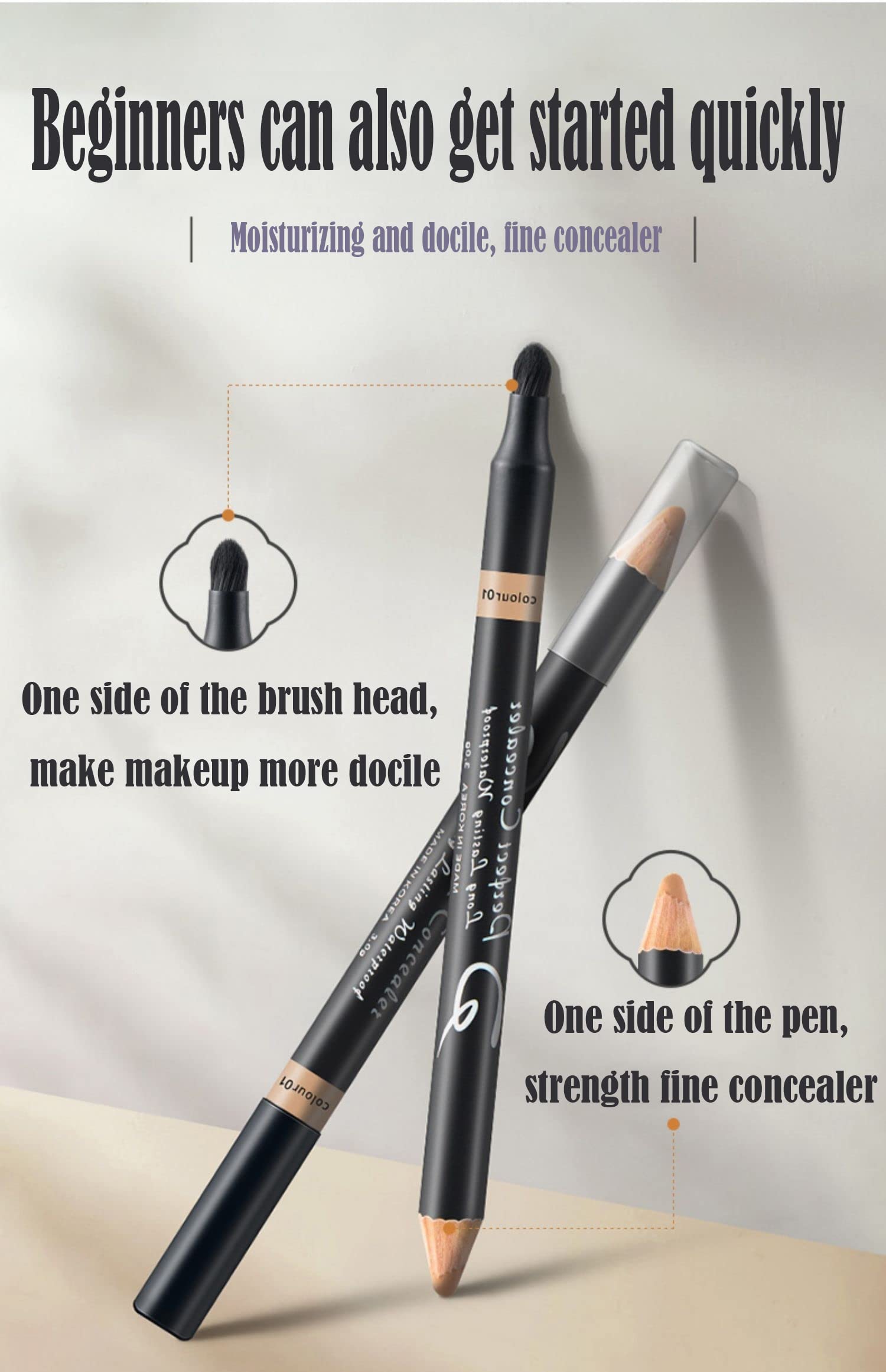 AKARY Face Full Range of Coverage Concealer Pencil for Face, 2 in 1 Dual-Sided Eyebrow Face Concealer Crayon Highlighter Stick, Professional Waterproof Foundation Concealer for Eye Dark Circles, Blackheads, Concealer Pencil with Brush for Men and Women (#