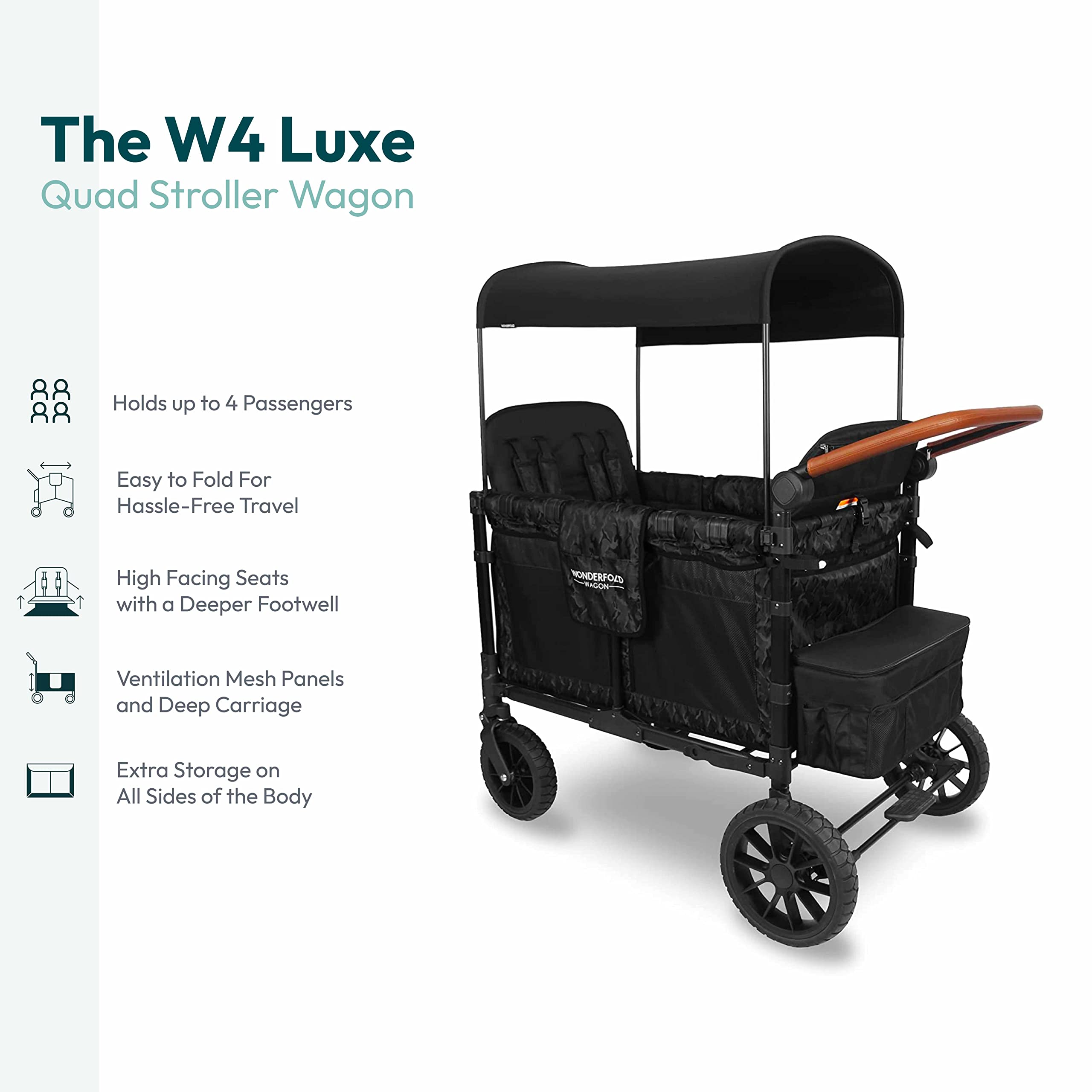 WONDERFOLD W4 Luxe Stroller Wagon (4 Seater) - Collapsible Wagon Stroller with Seats with Magnetic Buckle 5-Point Harnesses & Sun Canopy, Elite Black Camo