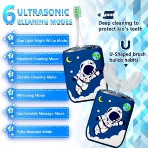 Kids Ultrasonic Electric Toothbrush, U Shaped Rechargeable Automatic Toothbrushes with Replacement Brush 6 Cleaning Mode Smart Timer 360° Sonic Dental Care for Ages 2-7 Child (Blue)