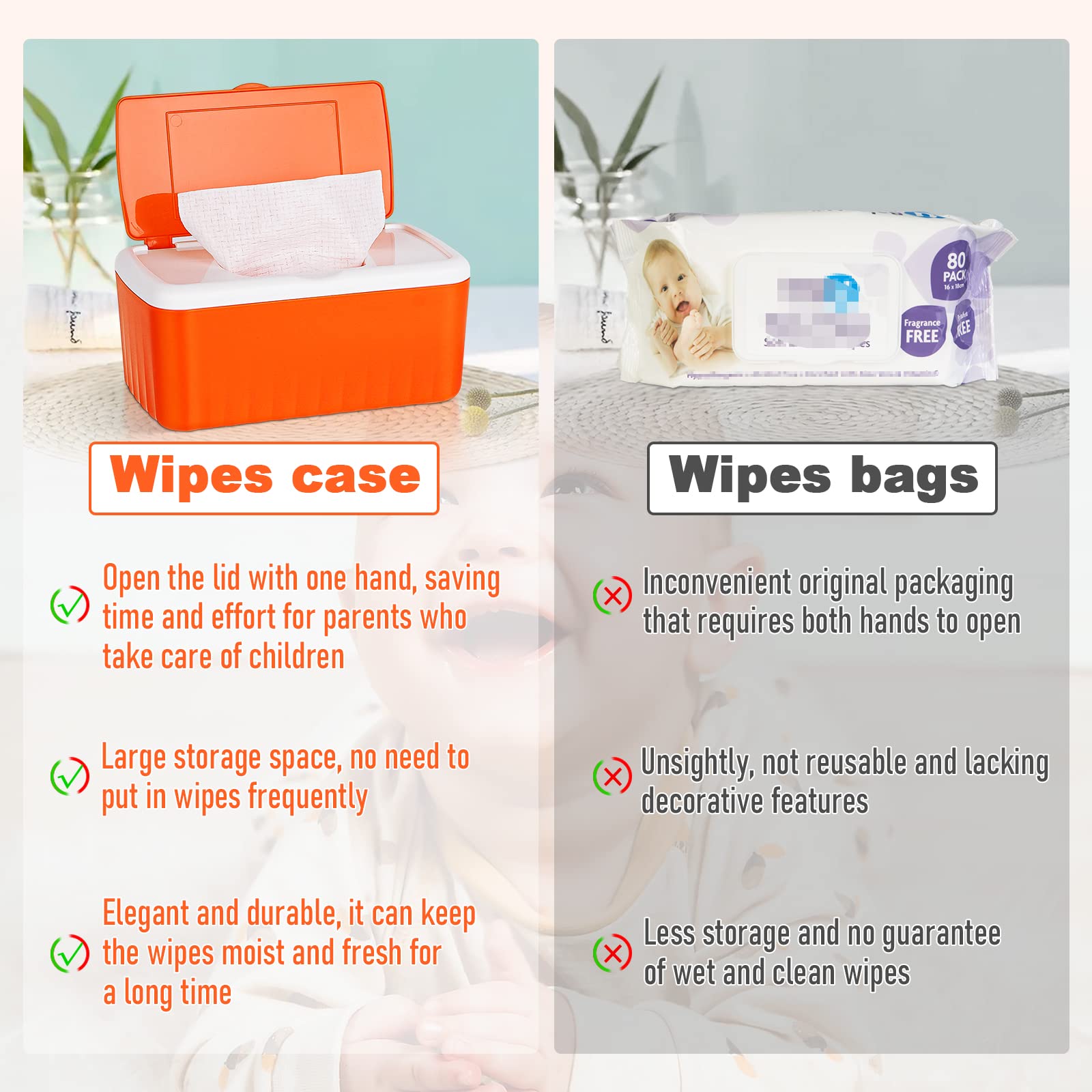 Flenpptly Baby Wipes Dispenser, Wipe Holder for Baby & Adult, Refillable Wipes Container, Keep Wipes Fresh and Clean, One-Handed Operation (Orange)