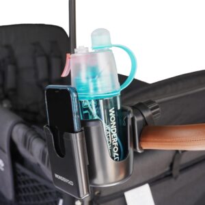 WONDERFOLD Stroller Wagon Cup & Phone Holder Attachment Featuring Anti-Slip Design and Rubber Grips for Drink Stability (Compatible with All Wagon Models) Black