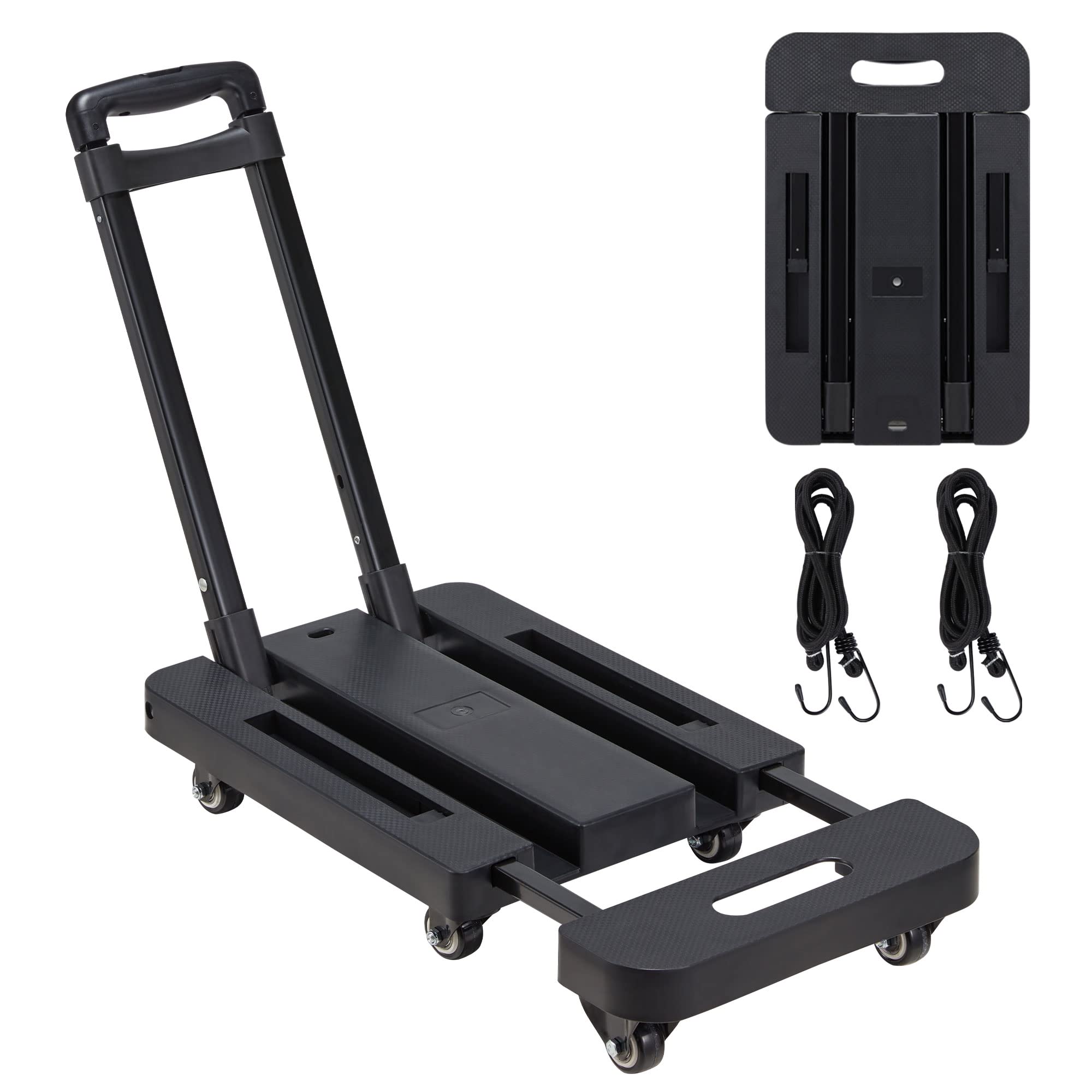 Outspurge Folding Hand Truck Dolly 600LB ，Portable Dolly for Heavy Duty Moving Luggage Carts with 6 Wheels Dolly with Handle 2 Elastic Rope for Travel, Moving, Shopping,Office Use