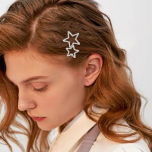 2Pcs Hollow Star Hair Clips, Non-Slip Metal Geometric Hairpin, Elegant Rhinestone Hair Barrettes for Women Lady Girls Styling Hair Accessories (Silver)