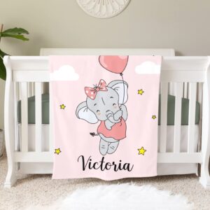 Elephant Flying Balloon Personalized Monogramed Baby Shower Blanket for Baby Girl Boy, Custom Name Soft Warm Newborn Throw Blanket 30X40 in