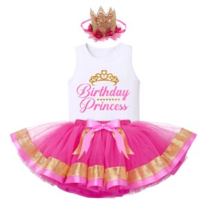 3rd 4th birthday outfit baby girls t-shirt top vest mini tutu skirt crown headband three four years cake smash photo shoot princess kids third fourth birthday outfit boho party hot pink 3-4t