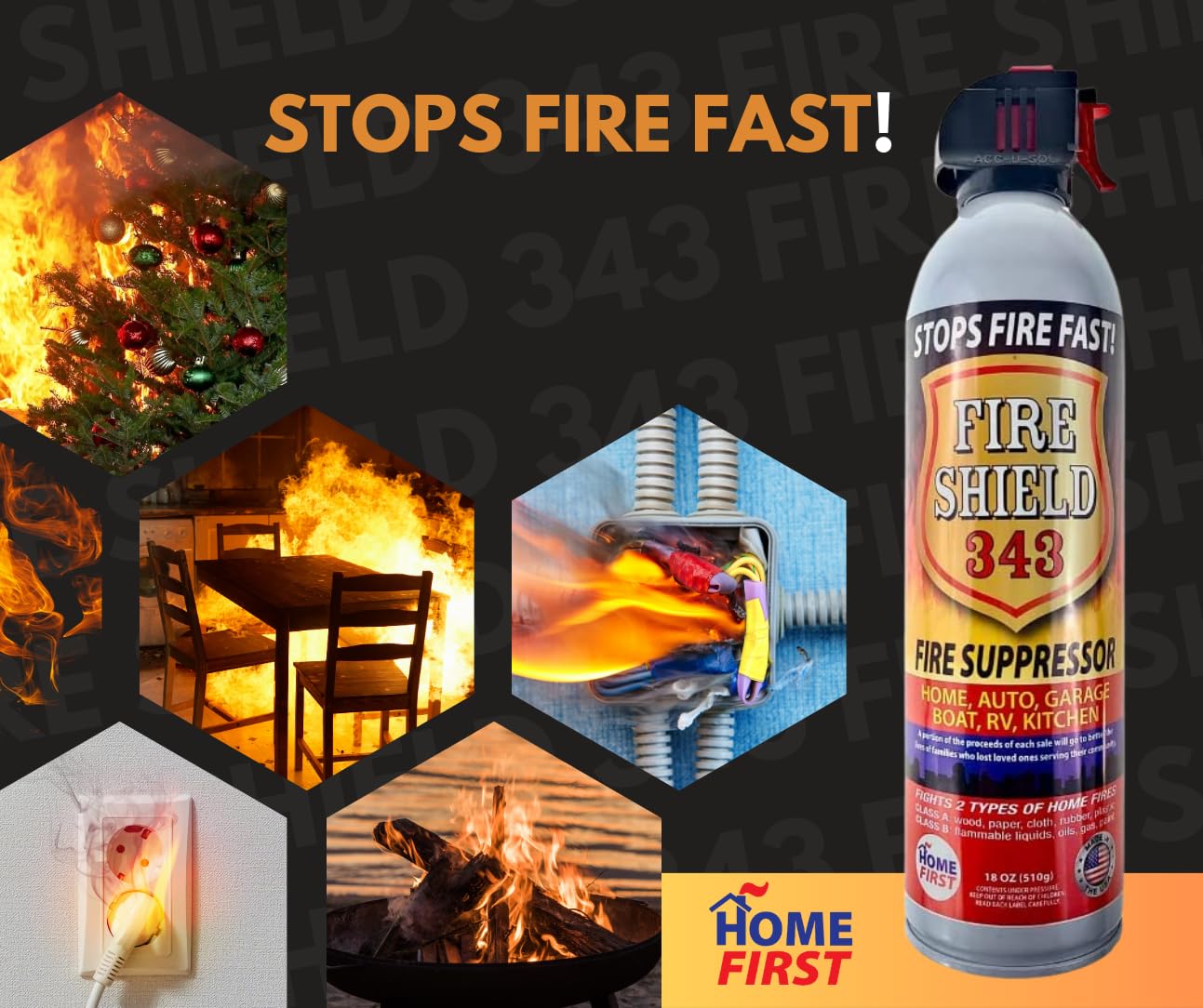 Fire Shield 343 - Home & MOBILE Use Aerosol Fire Suppressant Spray Foam Eliminates Gasoline, Kitchen Grease, Oil, Wood Fires. For Garage, House, Camping, RV & More