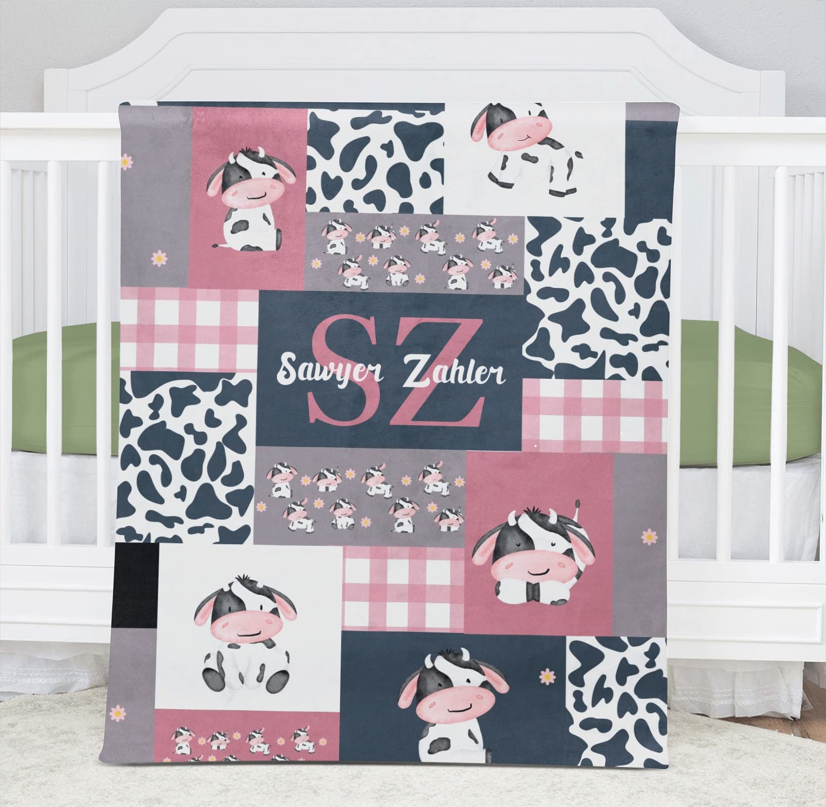 NZOOHY Cute Cows Print Patchwork Personalized Baby Blanket for Girl Boy Soft Warm Newborn Throw Naps Swaddle Custom Blanket 30X40 in 30 * 40 IN