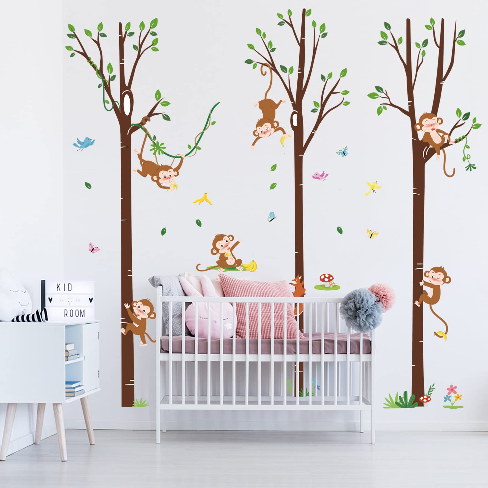 decalmile Wall Stickers Monkey Tree Large Animals Birch Wall Sticker Wall Decoration Bedroom Kids Baby Nursery Living Room