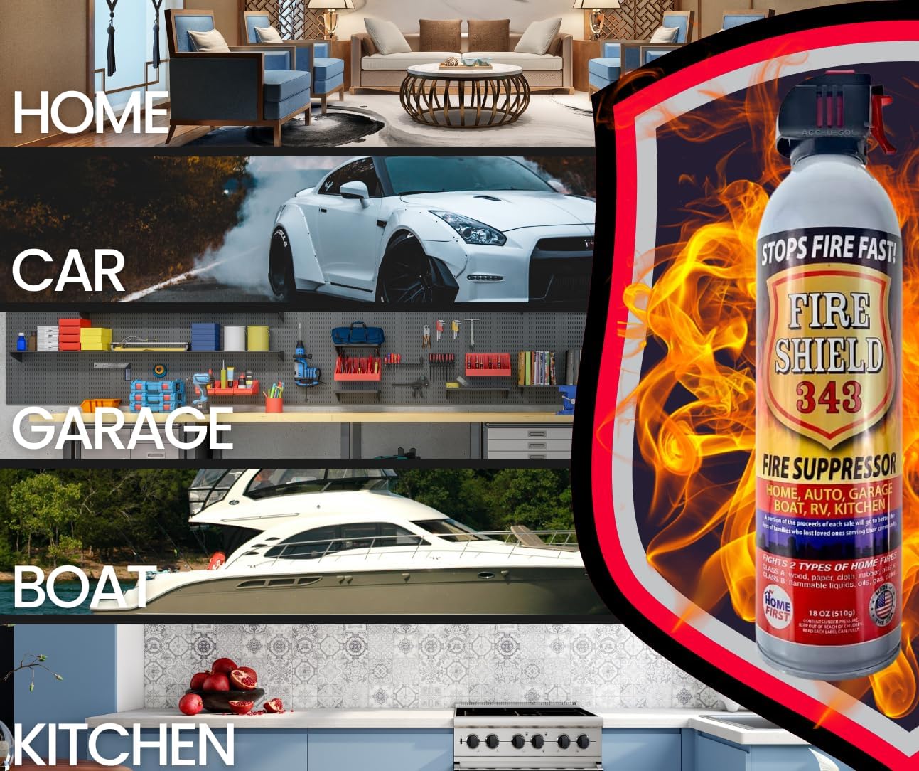 Fire Shield 343 - Home & MOBILE Use Aerosol Fire Suppressant Spray Foam Eliminates Gasoline, Kitchen Grease, Oil, Wood Fires. For Garage, House, Camping, RV & More