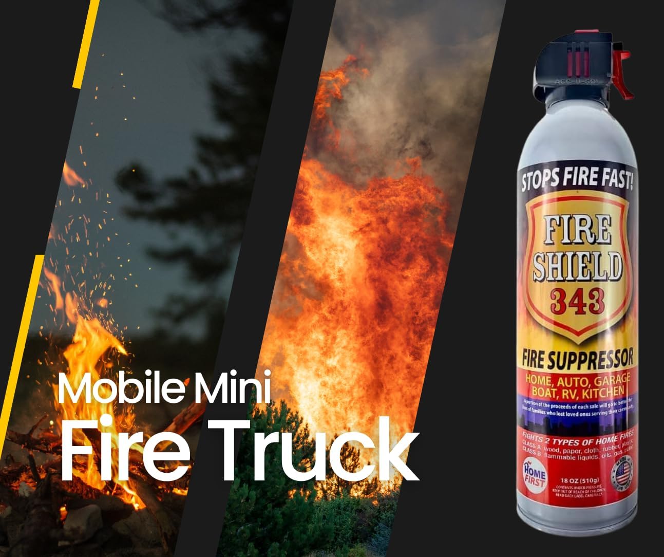 Fire Shield 343 - Home & MOBILE Use Aerosol Fire Suppressant Spray Foam Eliminates Gasoline, Kitchen Grease, Oil, Wood Fires. For Garage, House, Camping, RV & More