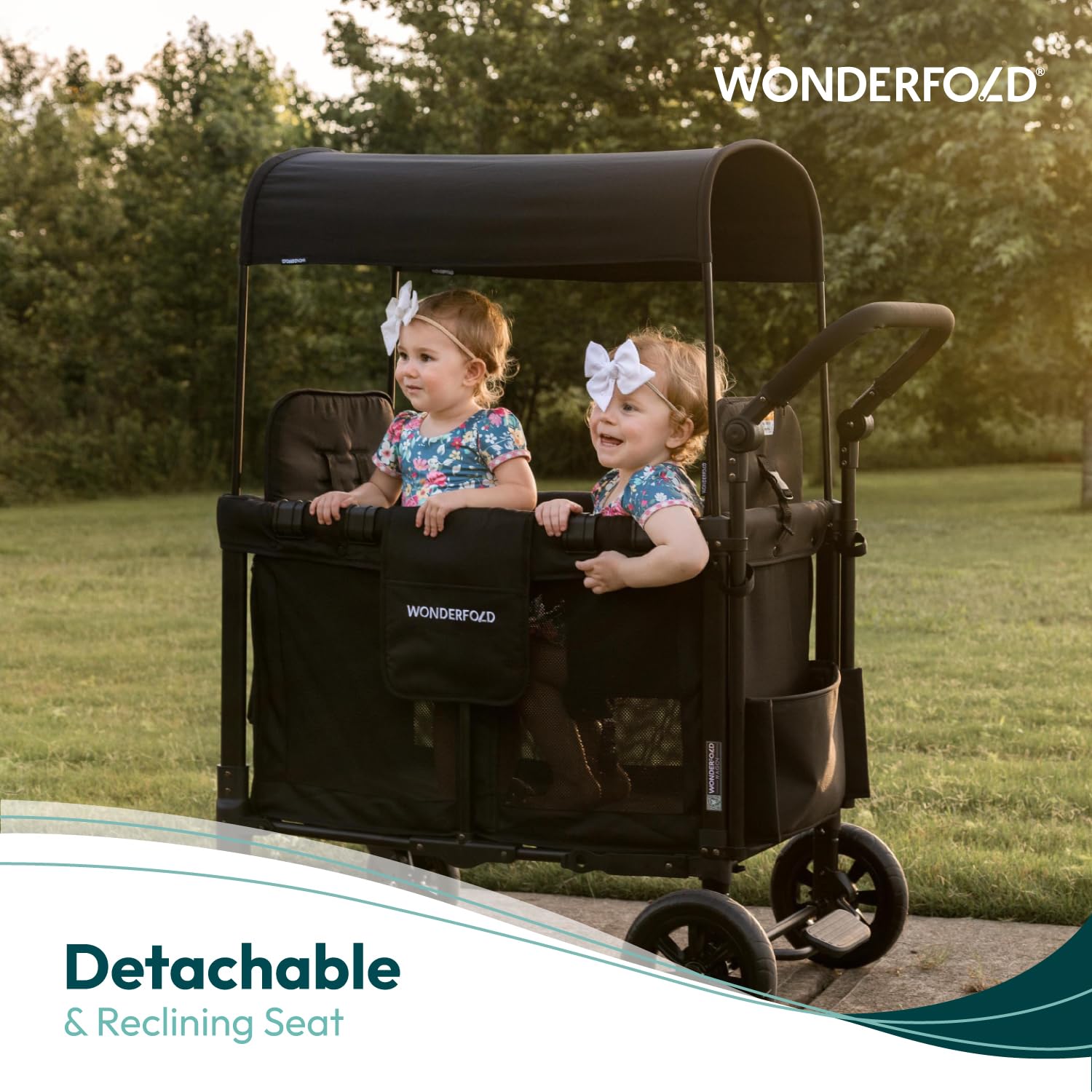 WONDERFOLD W2 Luxe Stroller Wagon (2 Seater) - Collapsible Wagon Stroller with Seats with Magnetic Buckle 5-Point Harnesses and Adjustable Sun Canopy, Charcoal Gray