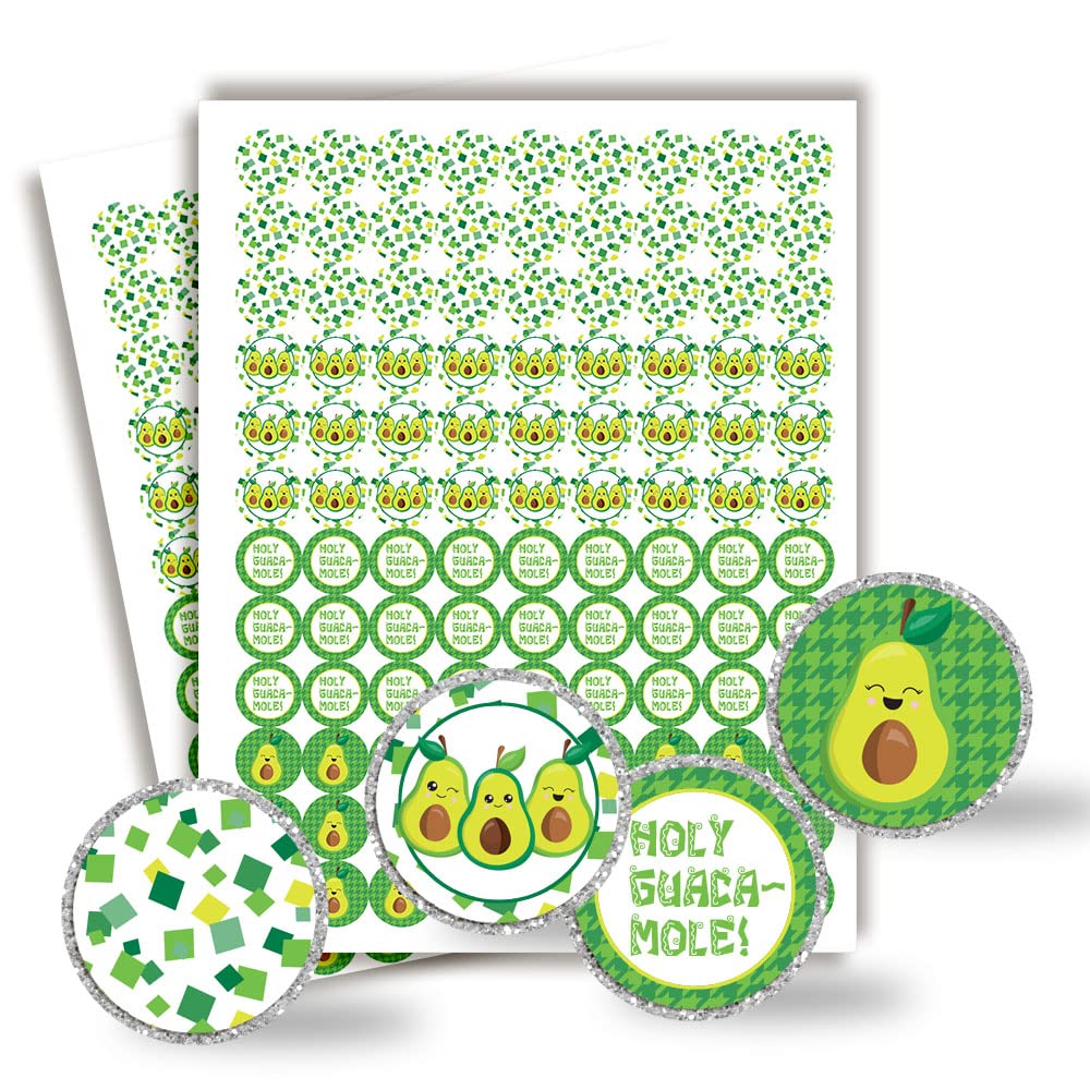 Holy Guacamole Trio of Avocados Birthday Kiss Sticker Labels for Kids, 300 Party Circle Sticker Sized 0.75” for Chocolate Drop Kisses by AmandaCreation, Great for Favors, Treats, Envelopes & Bags