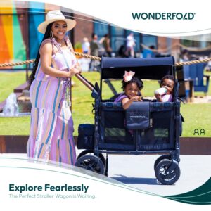 WONDERFOLD W2 Luxe Stroller Wagon (2 Seater) - Collapsible Wagon Stroller with Seats with Magnetic Buckle 5-Point Harnesses and Adjustable Sun Canopy, Charcoal Gray