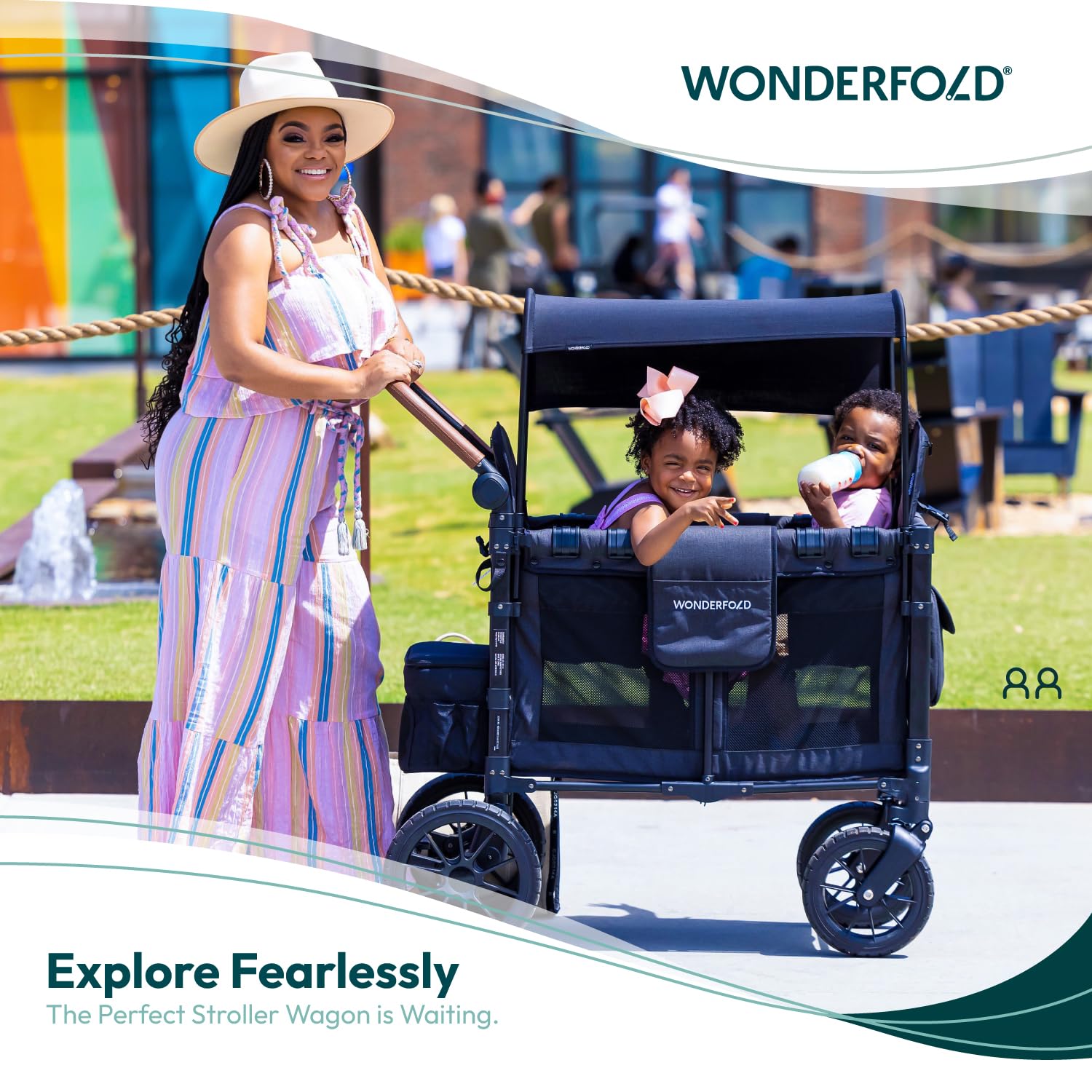 WONDERFOLD W2 Luxe Stroller Wagon (2 Seater) - Collapsible Wagon Stroller with Seats with Magnetic Buckle 5-Point Harnesses and Adjustable Sun Canopy, Elite Black Camo