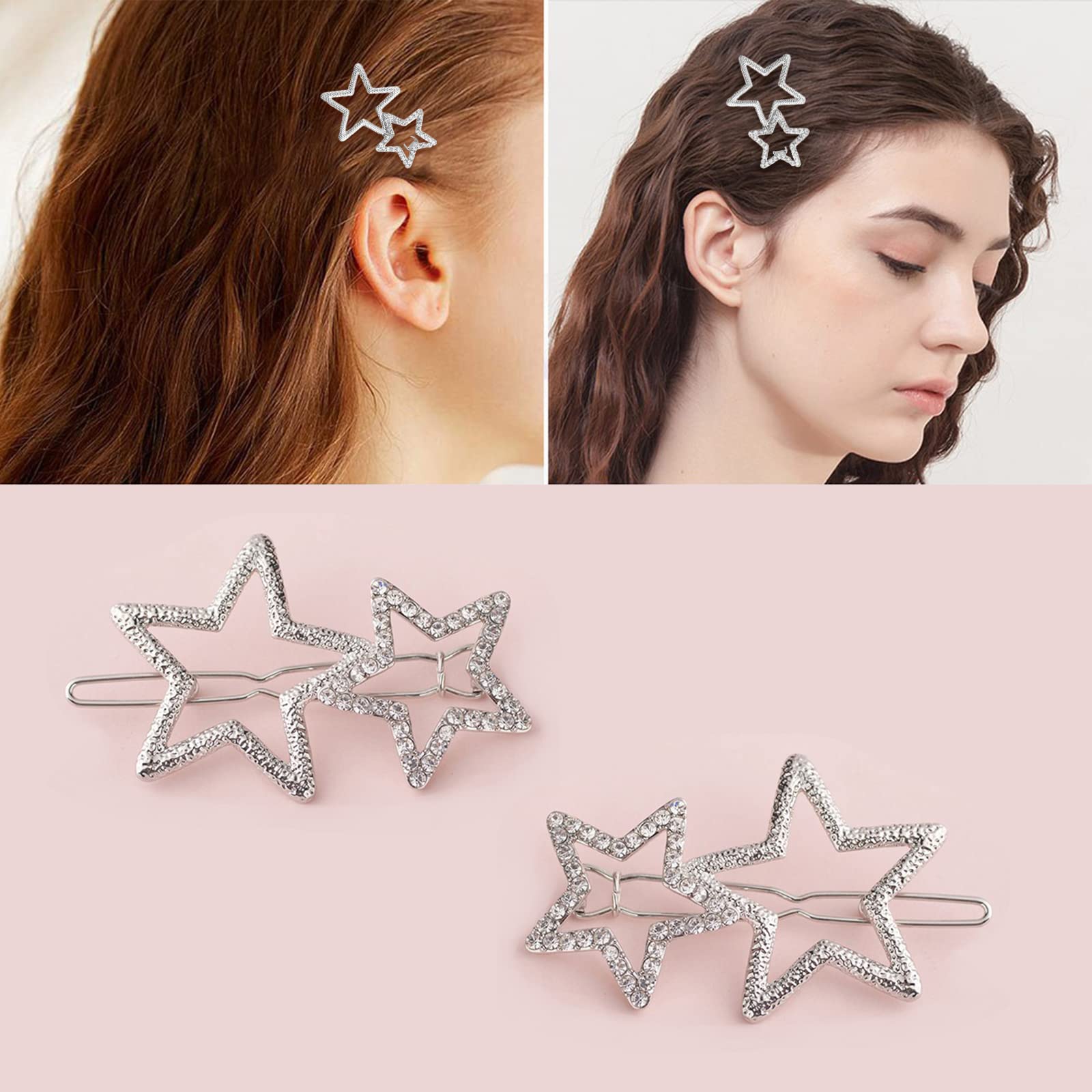 2Pcs Hollow Star Hair Clips, Non-Slip Metal Geometric Hairpin, Elegant Rhinestone Hair Barrettes for Women Lady Girls Styling Hair Accessories (Silver)