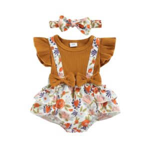 frietlebird newborn baby girl clothes floral romper ruffle sleeve onesie dress with headband spring summer outfit (b-purple,0-3 months)