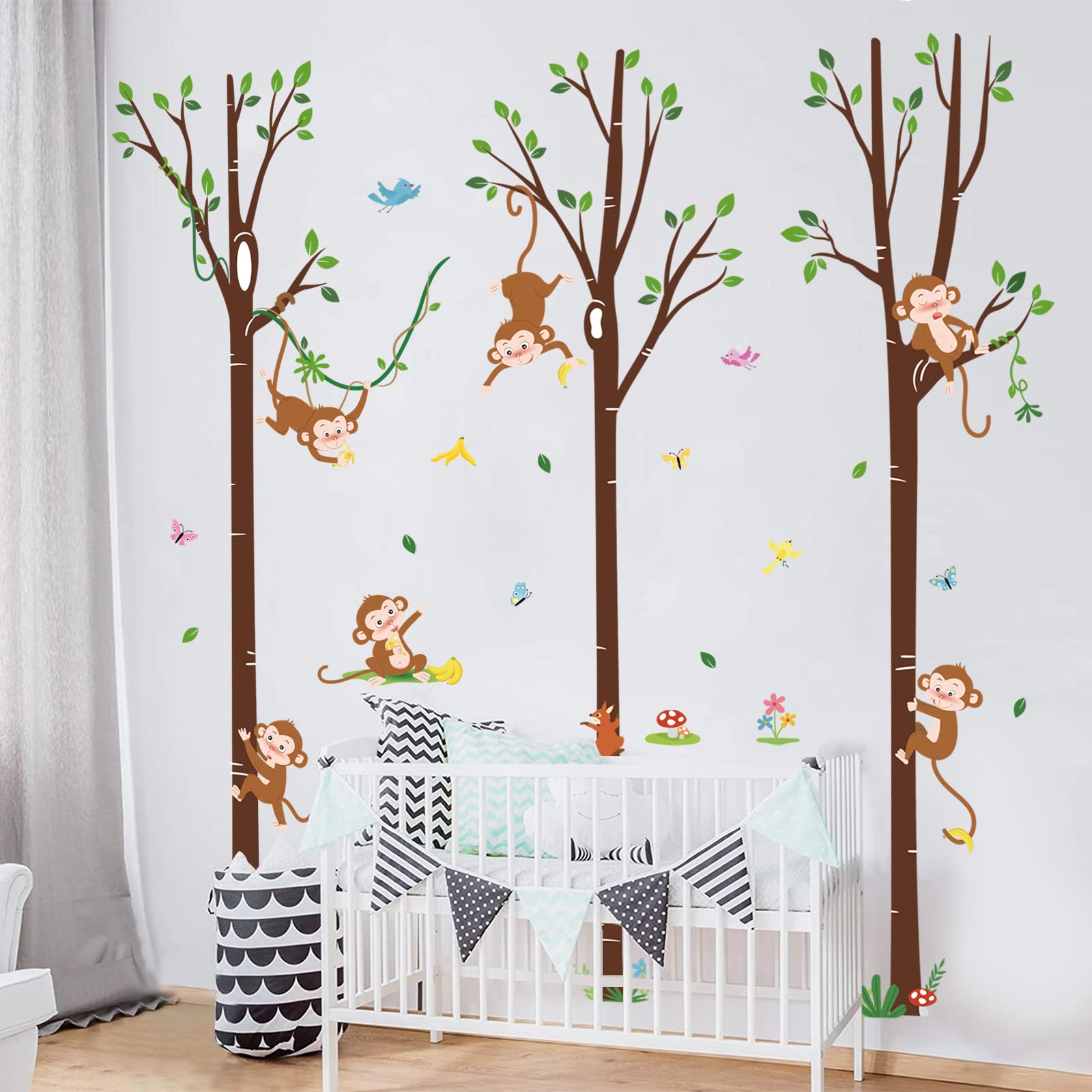 decalmile Wall Stickers Monkey Tree Large Animals Birch Wall Sticker Wall Decoration Bedroom Kids Baby Nursery Living Room