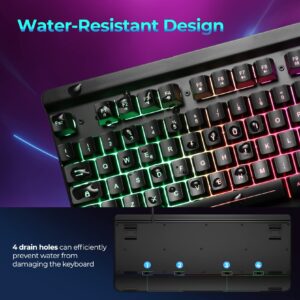 Pauroty Gaming Keyboard Metal, Rainbow LED Backlit Silent Keyboard with Wrist Rest, 104 Quiet Membrane Keys, Multimedia Keys,19 Anti-ghosting Keys, Waterproof, USB Wired Keyboard for Windows PC Gamer